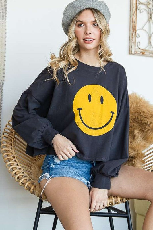 SMILEY FACE LONG SLEEVE CROP TOP PLUS KRT1405P — E2G World