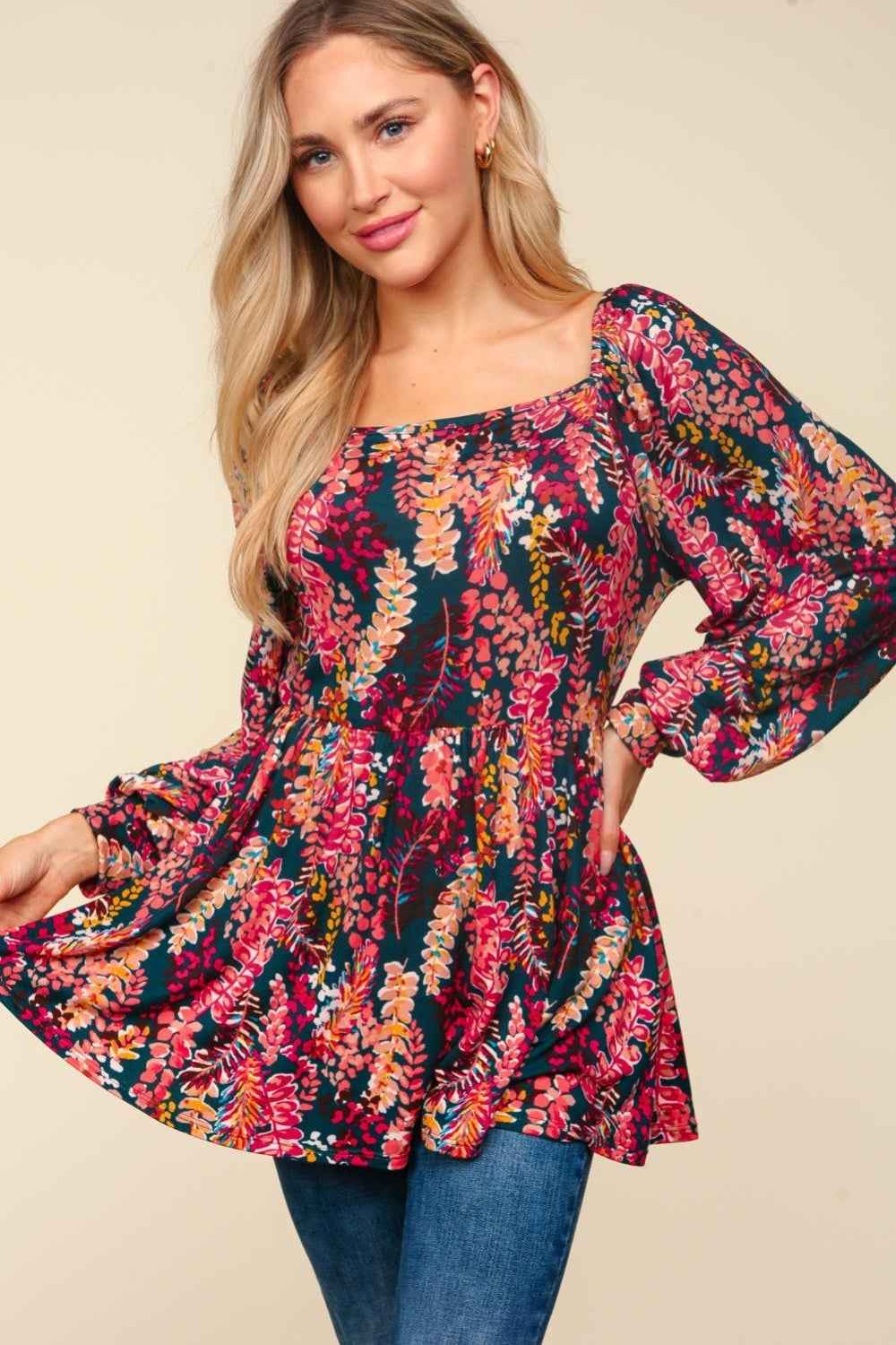 Haptics Full Size Peplum Floral Square Neck Blouse — E2G World